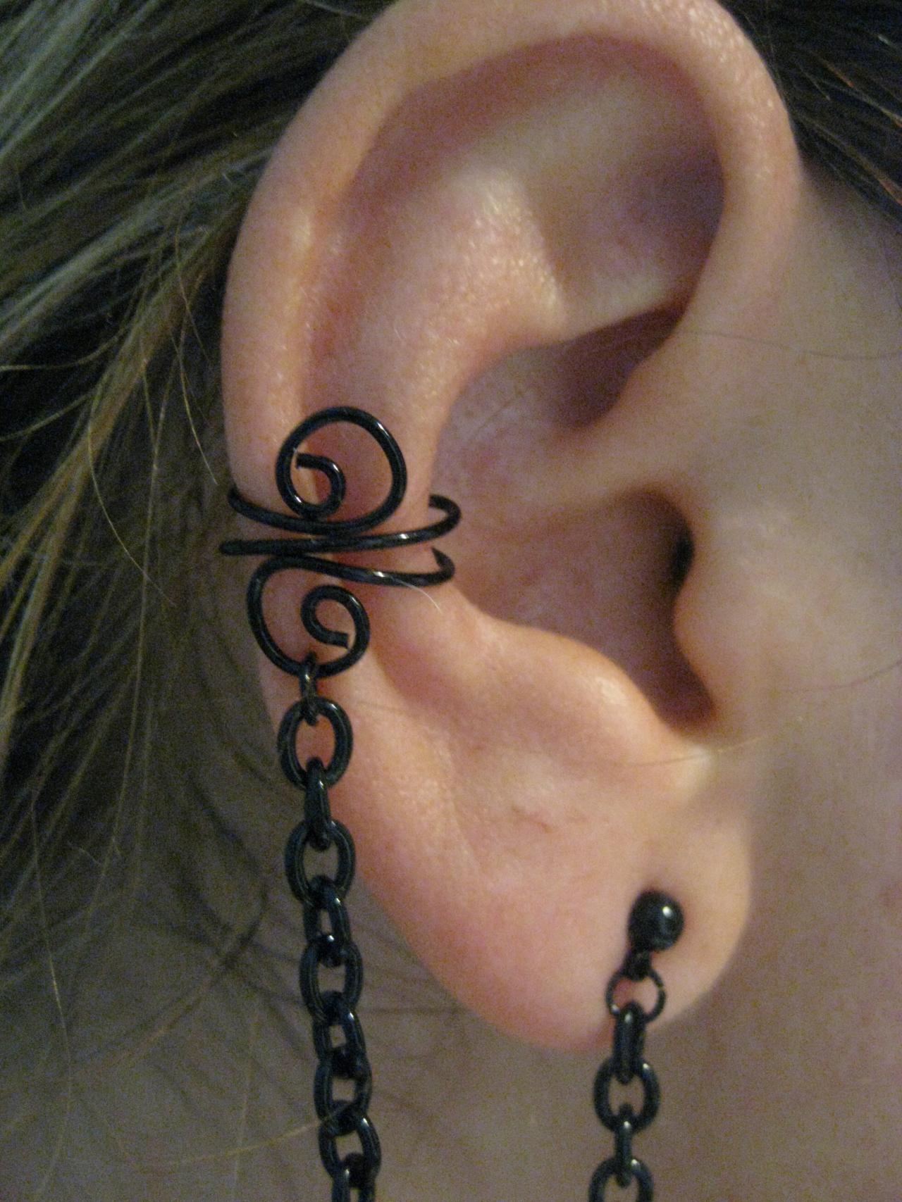 Black Non Pierced Ear Cuff With Long Chain Attached To Earring on Luulla